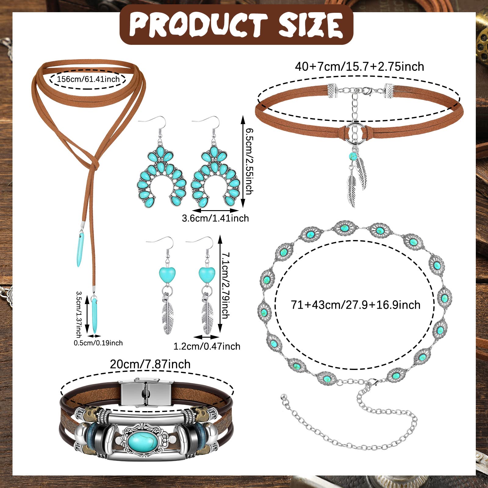 Geyoga 6 Pcs Western Jewelry for Women Bohemian Turquoise Pendant Choker Necklace Long Choker Dangle Earrings Boho Layered Bracelets Adjustable Cowgirl Chain Belt for Women