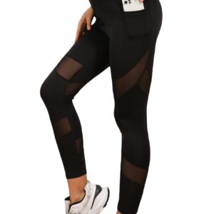 MakeMeChic Women's Mesh Insert High Waisted Workout Gym Athletic Leggings with Phone Pocket Black B S