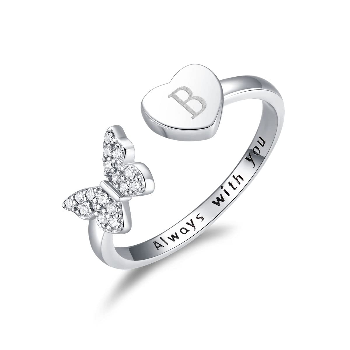 LOVPEPY Initial Letter Ring for Women, Silver Stackable Heart Butterfly Alphabet Rings with Initial Adjustable Crystal Inlaid Rings Bridesmaid Gift (B)