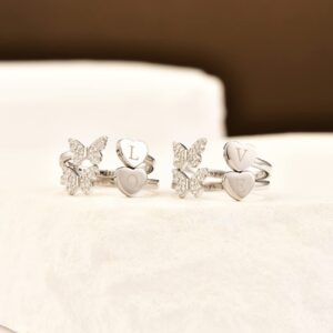 LOVPEPY Initial Letter Ring for Women, Silver Stackable Heart Butterfly Alphabet Rings with Initial Adjustable Crystal Inlaid Rings Bridesmaid Gift (B)