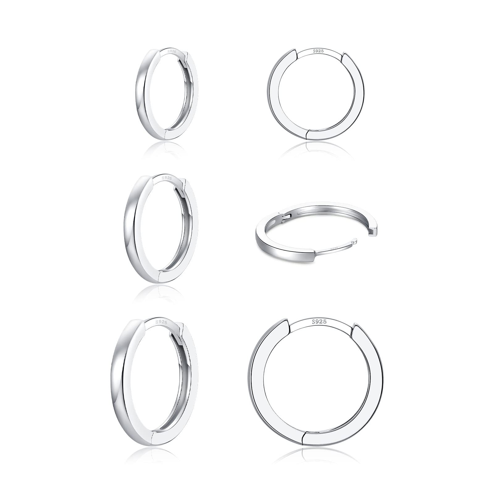 3 Pairs 925 Sterling Silver Hoop Earrings 14K White Gold Plated Small Silver Hoop Earrings for Women Huggie Cartilage Hoop Earrings for Women Men (8 10 12MM)