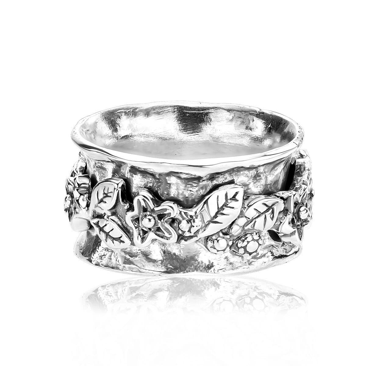 925 Sterling Silver Spinner Ring Unisex Band Bold Leaf and Flower, Oxidized, Vintage Stylish Hypoallergenic, Nickel Lead-free, Artisan Handcrafted Designer Made in Israel (Size 5-11)