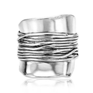 925 Sterling Silver Shield Ring Center Wire Wrap, Textured, Vintage Look Stylish Hypoallergenic, Nickel and Lead-free, Artisan Handcrafted Designer Collection Made in Israel (Size 5-11)