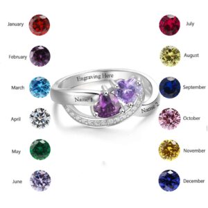 Personalized 2 Birthstones Ring with Natural Diamonds for Women Mom Wife Girlfriend,S925 10K 14K 18K Solid Gold Custom Love Knot Rings Engraved Jewelry Gift for Mothers Day Birthday Size 4-12 (Rose Gold, 925 Sterling Silver)