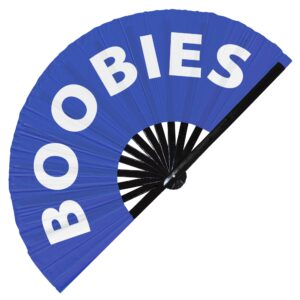 boobies hand fan foldable bamboo circuit hand fan funny gag slang words expressions statement gifts festival accessories rave handheld circuit event fan clack fans (blue)