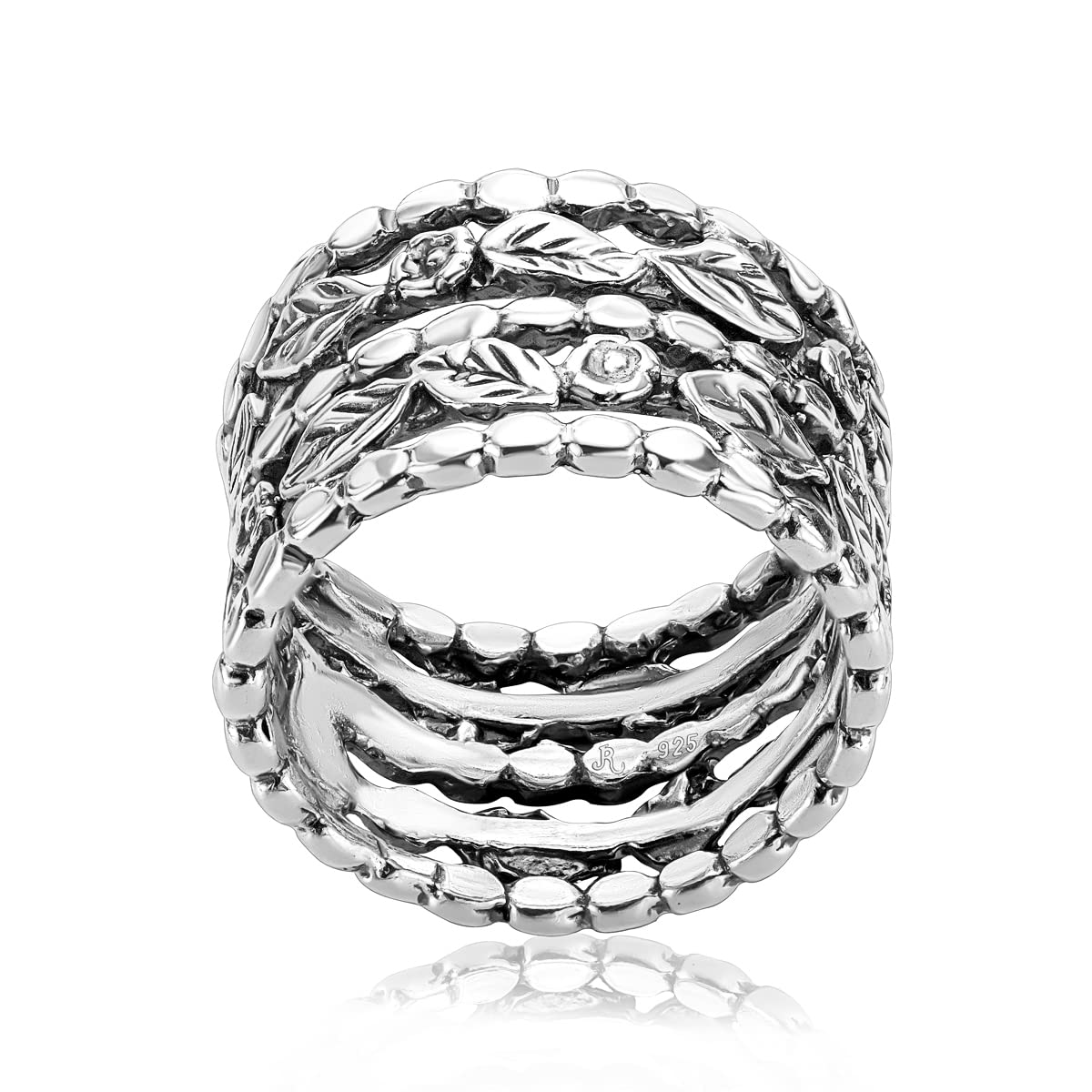 925 Sterling Silver Wide Ring Flowers and Leaves Oxidized Vintage Look Stylish Hypoallergenic Nickel and Lead-free Artisan Handcrafted Designer Collection Made in Israel (Size 5-11)