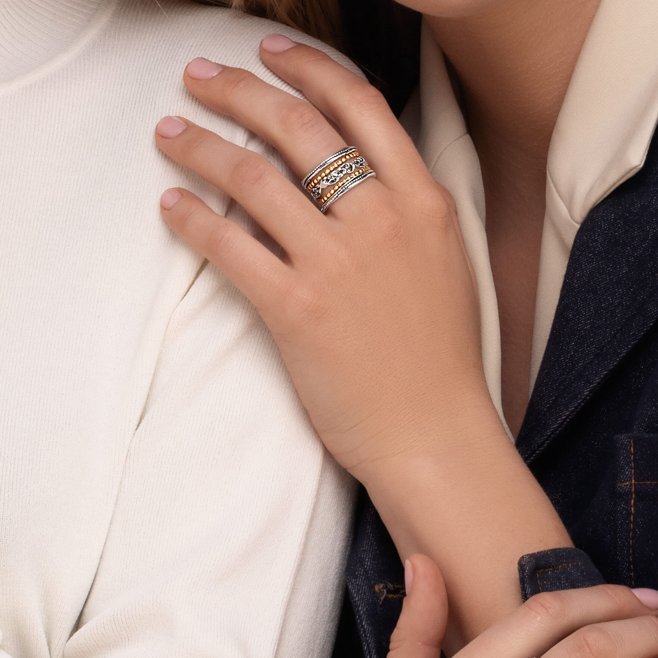 Set of Five 925 Sterling Silver Rings Beaded Concaved Lace Textures Oxidized Vintage Look Stylish Hypoallergenic, Nickel and Lead-free, Artisan Handcrafted Designer Collection Made in Israel