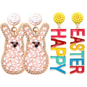 easter earrings beaded bunny egg letter dangle earrings for women cute pom pom rabbit holiday earrings festive jewelry party gifts (easter bunny)