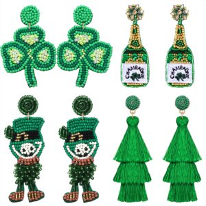 st.patrick's day earrings for women beaded green shamrock leprechaun champagne bottle earrrings lucky gold pot tassel dangle earrings irish holiday pride jewelry gifts