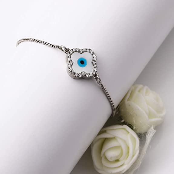 925 Sterling Silver Beautiful Evil Eye Bracelet, got her protection Clover evil eye, Minimalist Chain Bracelet, Evil Eye Charm, Good Luck Charm By ECSTATIC BLING (Sterling Silver Vermeil)