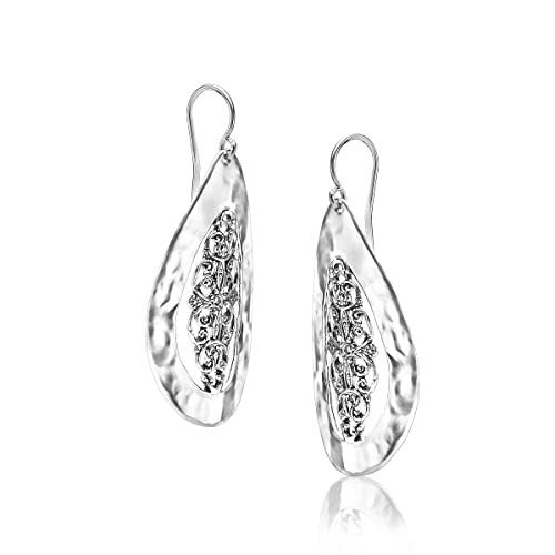 925 Sterling Silver Earrings Large Drop Shape Lace, Oxidized, Stylish, Hypoallergenic, Nickel and Lead-free, Artisan Handcrafted Designer Collection, French Wire Back, Made In Israel, Gift For Her