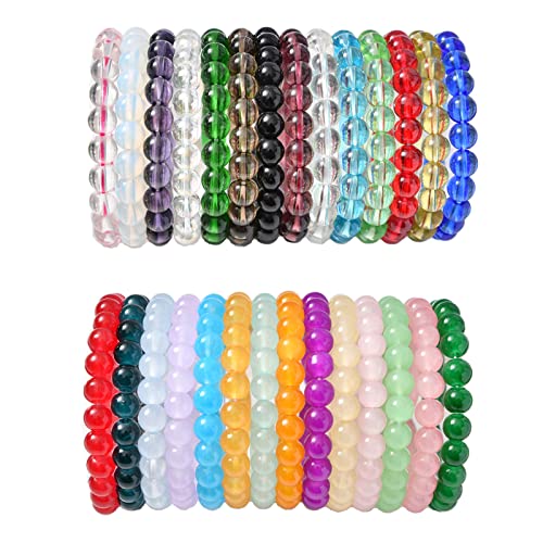 FINZOR 28Pcs 8mm Beaded Stretch Bracelet Handmade Round Glass Bracelet for Women Multicolor Elastic Beads Bracelet Shining Beads Wristband Jewelry Set