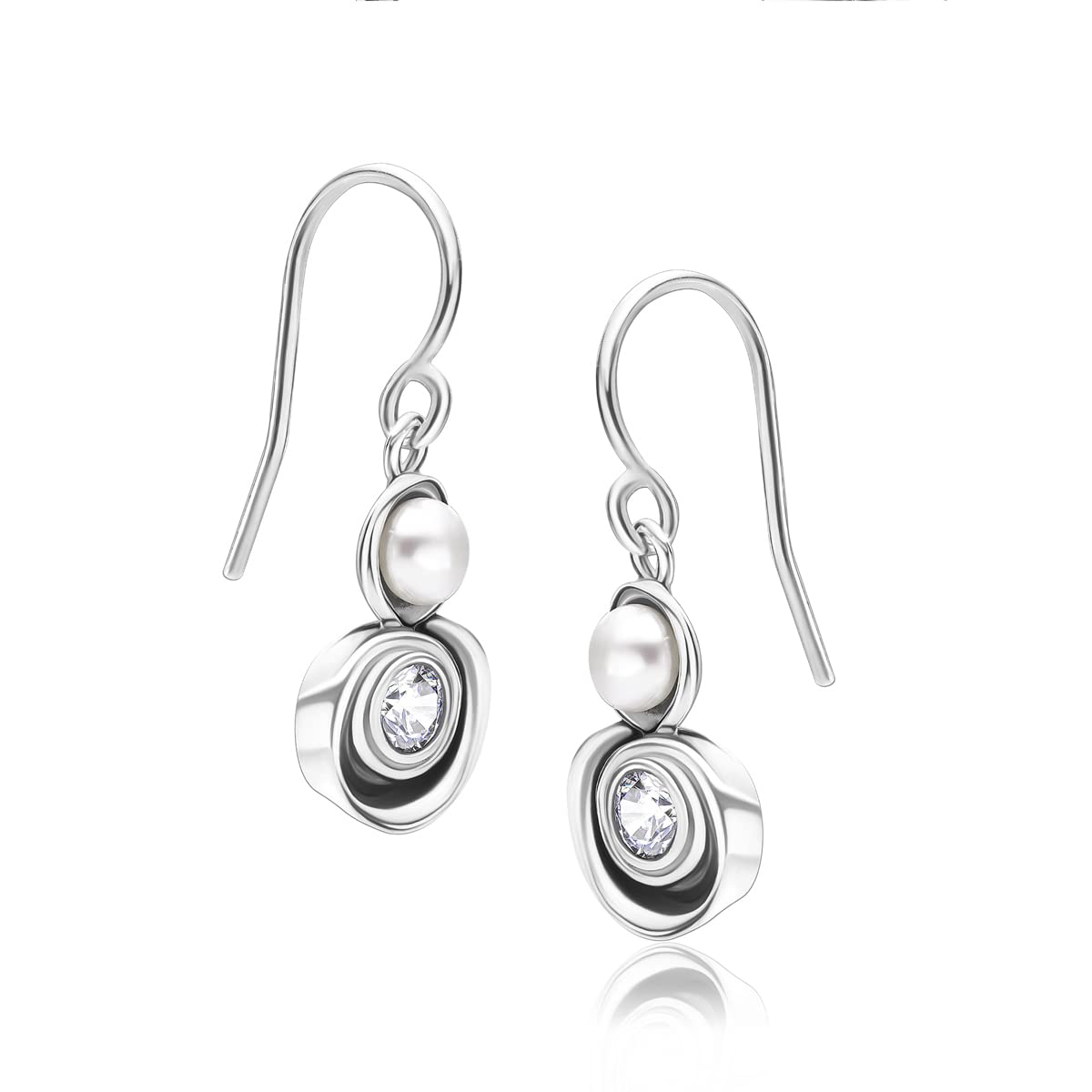 925 Sterling Silver Earrings with Fresh Water Pearl & 2 Round Cubic Zirconia, Oxidized, Stylish, Hypoallergenic, Nickel and Lead-free, Artisan Handcrafted Designer, French Wire Back, Made In Israel