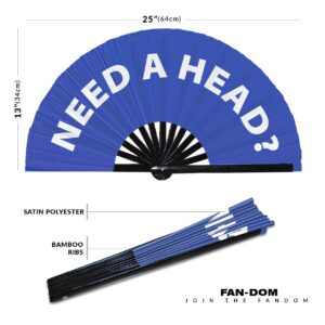 Need A Head? Hand Fan Foldable Bamboo Circuit Hand Fan Funny Gag Slang Words Expressions Statement Gifts Festival Accessories Rave Handheld Circuit Event Fan Clack Fans (Blue)