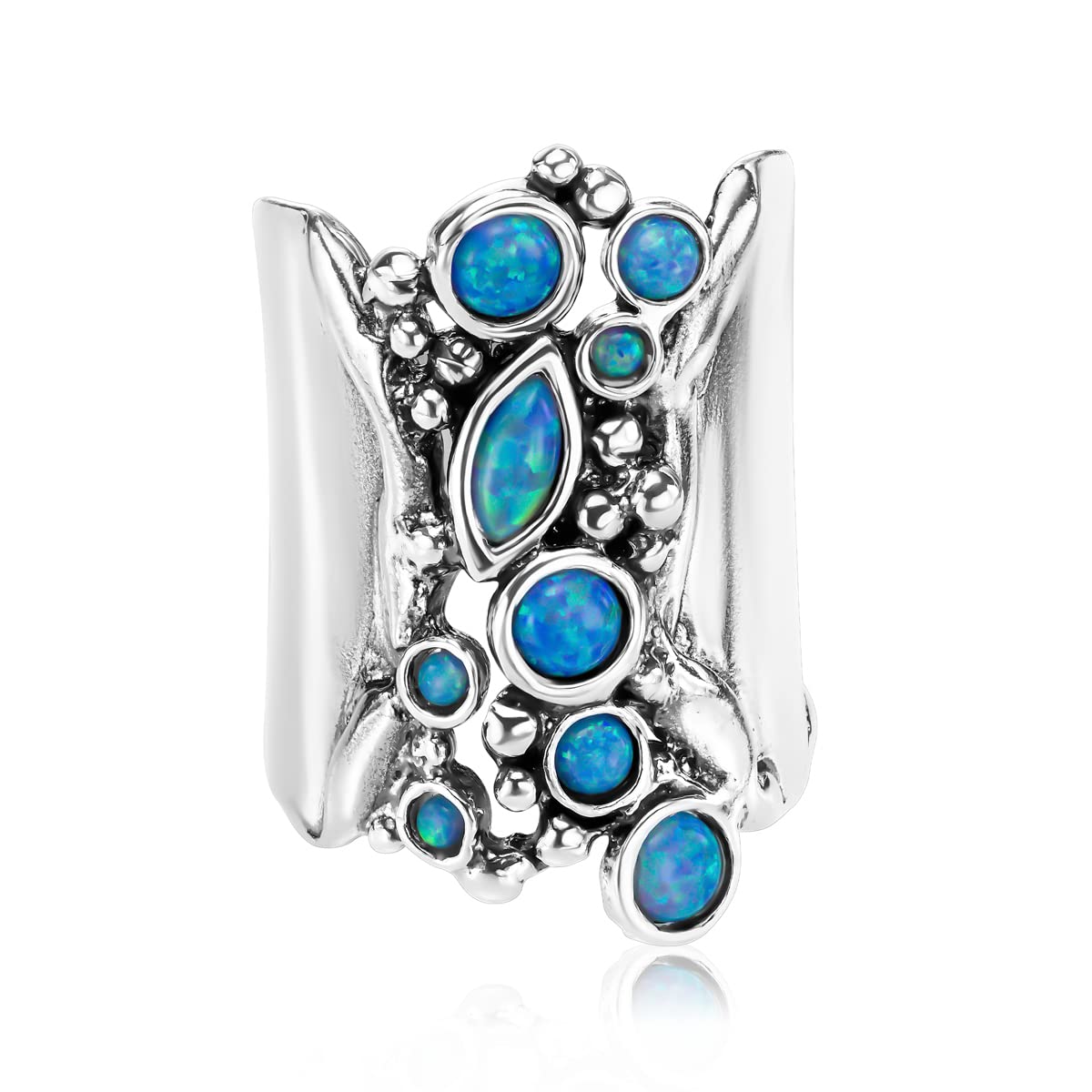 925 Sterling Silver Shield Ring w/ Multiple Bold Opal, Textured, Vintage Look Stylish Hypoallergenic, Nickel and Lead-free, Artisan Handcrafted Designer Collection Made in Israel (Size 5-11)