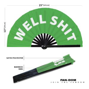 Well Shit hand fan foldable bamboo circuit hand fan funny gag slang words expressions statement gifts Festival accessories Rave handheld Circuit event fan Clack fans (Green)