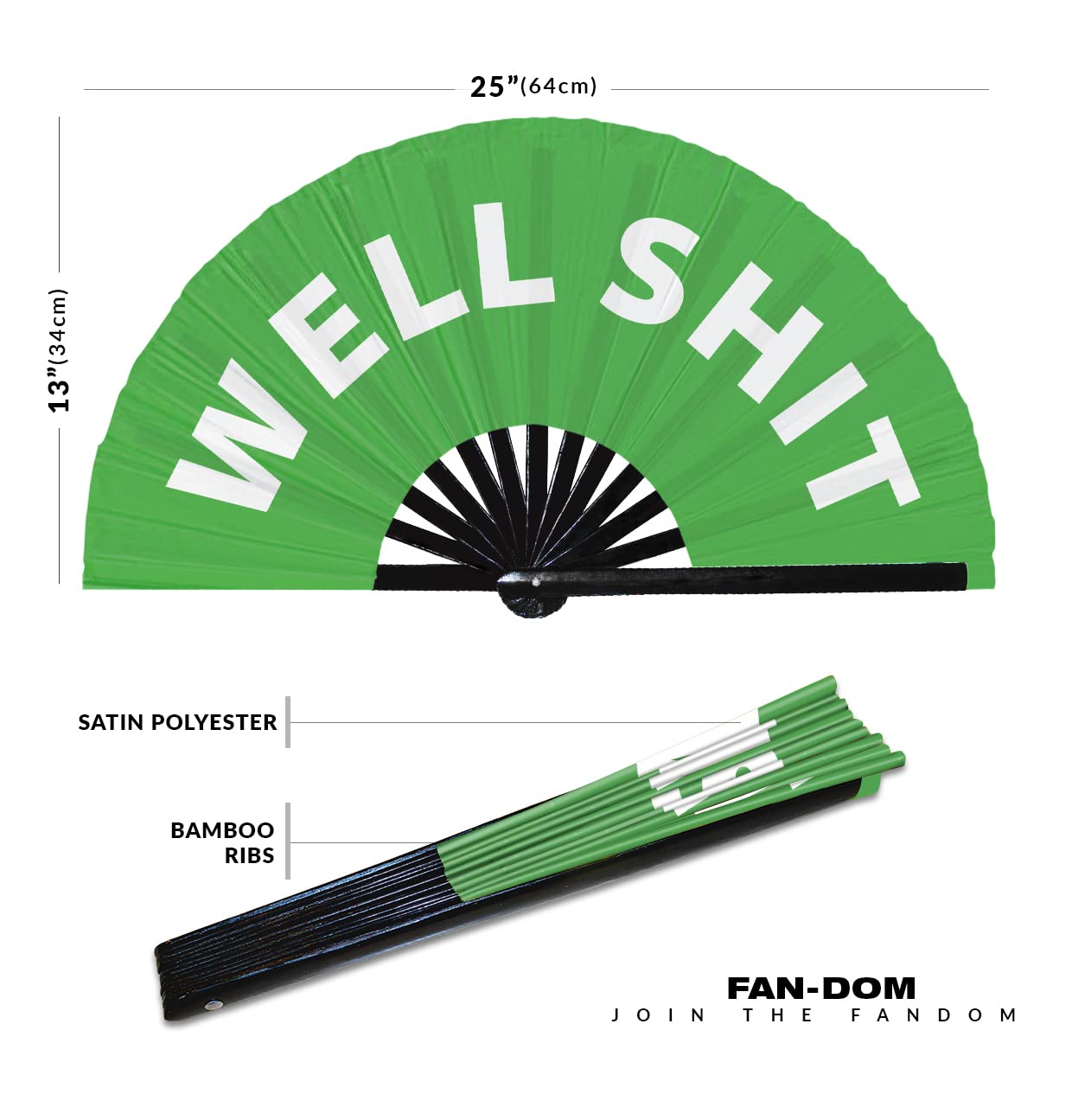 Well Shit hand fan foldable bamboo circuit hand fan funny gag slang words expressions statement gifts Festival accessories Rave handheld Circuit event fan Clack fans (Green)