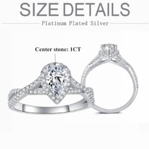 Blocaci Pear Shaped Engagement Rings for Women 1-1/2 Carat(ctw) Moissanite Twisted Engagement Rings Platinum Plated Silver Wedding Anniversary Promise Rings(Size 9)