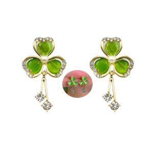 st patrick's day earrings for women,green rhinestone irish shamrock drop dangle earrings green clover crystal opal earrings good luck holiday jewelry (b)