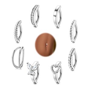 orazio 8pcs belly button ring surgical steel 14g clicker belly rings for women cz heart butterfly belly button piercing simple reverse navel barbell rings body piercing jewelry