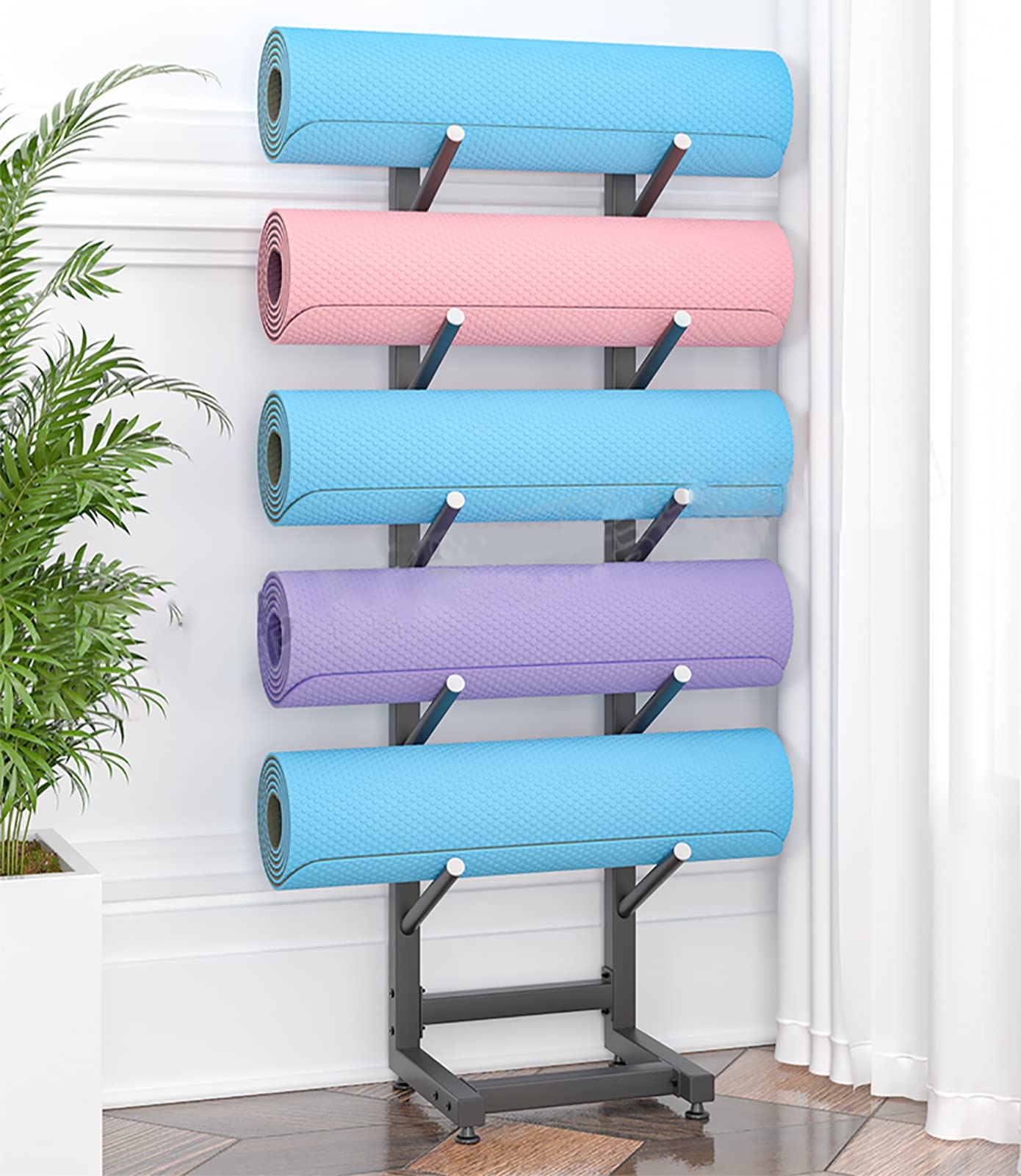 Yoga Mat Holder Floor Storage Yoga Mat Rack Organizer, Double Sided 5-Tier Workout Equipment Storage Holder with Accessories, Mobility Display Shelf, Holds 5-10 (Size : Capacity 5)