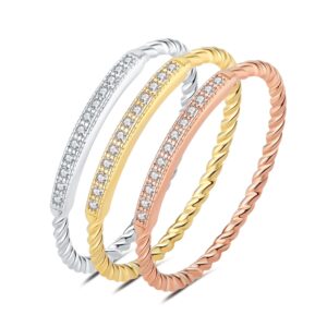 jewelrypalace 14k yellow rose gold plated 925 sterling silver ring sets, twisted rope bar cubic zirconia promise rings for her, 3pcs simulated diamond cz stackable ring eternity bands for women 10