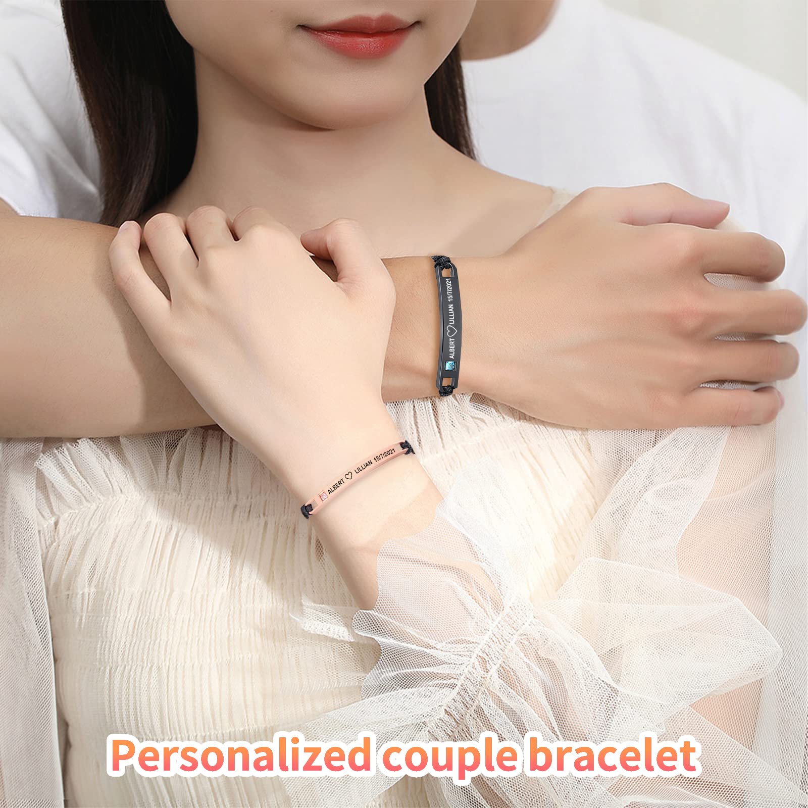 JUBOPE Personalized Handmade Braided Couples Bracelet - Custom Engraving Name ID Long Distance Relationship Bracelet Adjustable Rope Couples Bracelet Gift for Men Women Lover