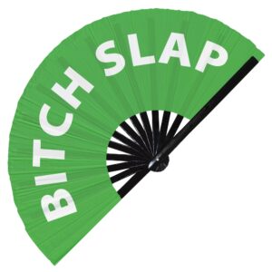 bitch slap hand fan foldable bamboo circuit hand fan funny gag slang words expressions statement gifts festival accessories rave handheld circuit event fan clack fans (green)