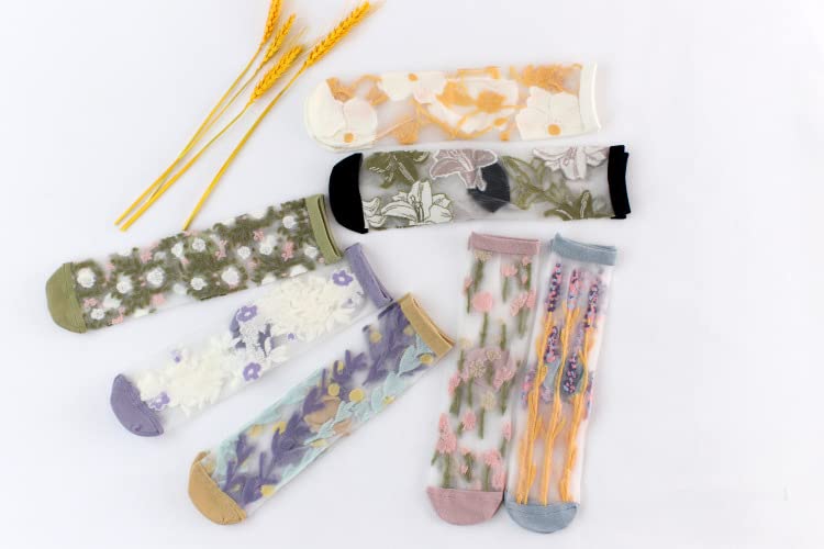 Alafime Coquette Aesthetic Socks Sheer Socks Mesh Socks Women 7 Pairs Kawaii Embroidered Florals Y2K Fulle Tube Socks (6pairs)