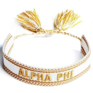 sorority shop alpha phi bracelet — woven bracelet, white and gold design with ap sorority name and tassels, greek sorority jewelry and big little sorority gifts