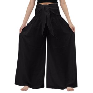 women plus size boho pants vintage casual yoga stretchy wide leg fold over high waist trousers with (black-a, xxl)