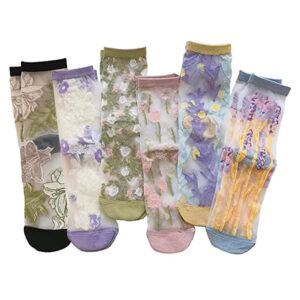 alafime coquette aesthetic socks sheer socks mesh socks women 7 pairs kawaii embroidered florals y2k fulle tube socks (6pairs)