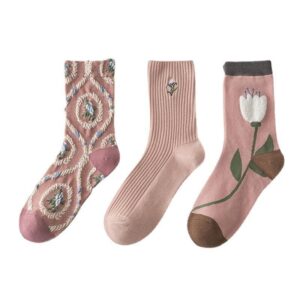 cyee 3 pairs kawaii flower pattern pink socks for women pink embroidered soft breathable socks stretchy mid tube ankle sock