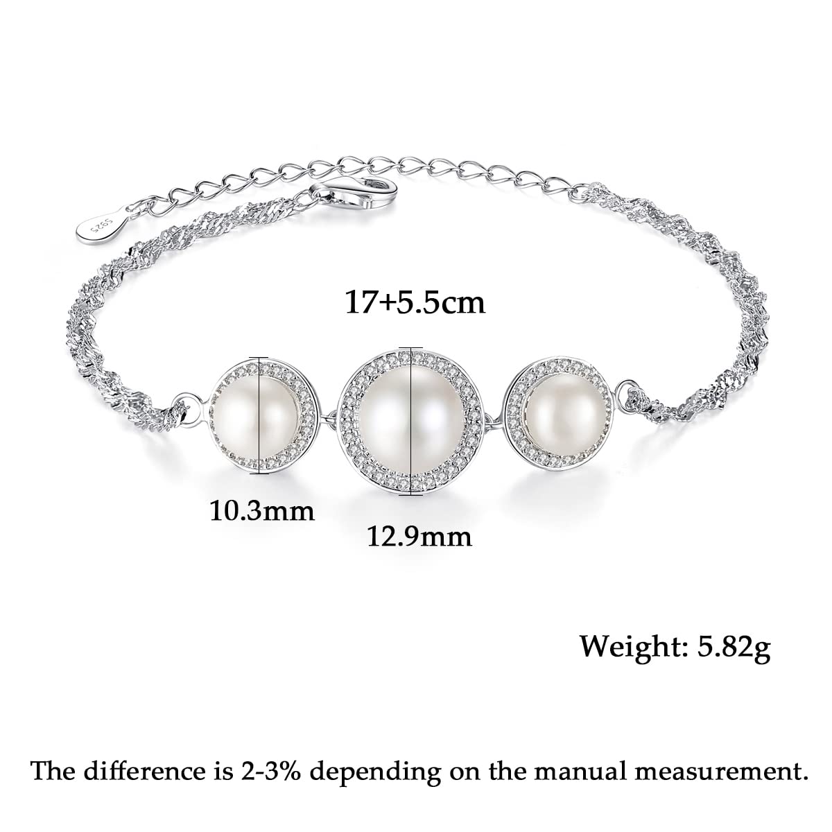 Red Lychee Freshwater Cultured Pearl Bracelet for Women Wedding Platinum Plated Sterling Silver Pearl Bracelets Genuine White Pearls Simulated Diamond Bracelet Link 7”+2"