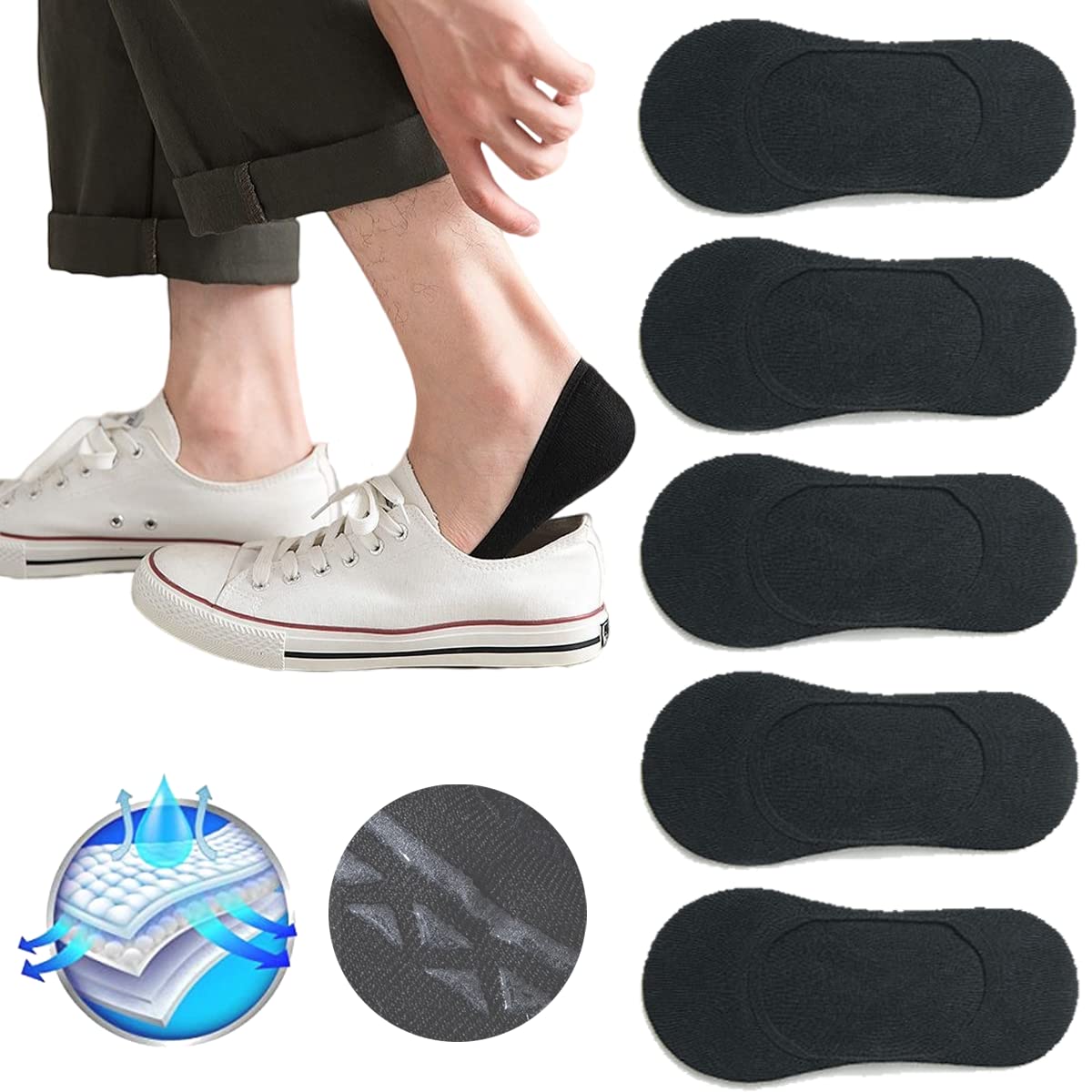 CHUNFO No Show Invisible Men Boys Cushioned Pure Color Low Cut Hidden Liner Socks Non Slip Grips 5 or 10 Pairs (5 Pairs-Pure Color 02-04 Black)