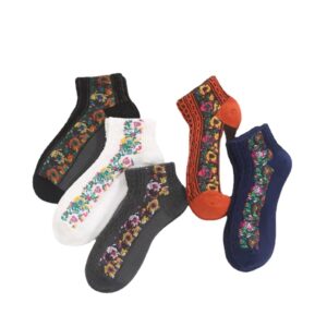 5 pairs floral design vintage crew socks for women ethnic style cotton socks elastic soft multicolored casual socks