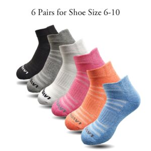 Lavencious Cushioned Low Cut Running Ankle Athletic Socks for Women, 6 Pairs, Sock Size 9-11, Shoe Size 6-10(Multi-Color)