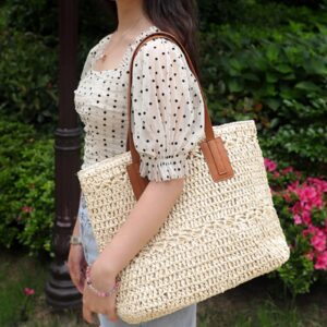 Straw Bag for Women Woven Beach Structured Tote Handmade Crochet Carteras De Mujer Summer Shoulder Bohemian Pom Travel