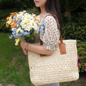 Straw Bag for Women Woven Beach Structured Tote Handmade Crochet Carteras De Mujer Summer Shoulder Bohemian Pom Travel