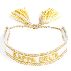 sorority shop kappa delta bracelet — woven bracelet, white and gold design with kd sorority name and tassels, greek sorority jewelry and big little sorority gifts