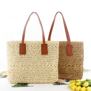 Straw Bag for Women Woven Beach Structured Tote Handmade Crochet Carteras De Mujer Summer Shoulder Bohemian Pom Travel