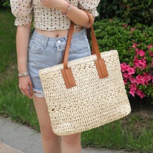 Straw Bag for Women Woven Beach Structured Tote Handmade Crochet Carteras De Mujer Summer Shoulder Bohemian Pom Travel