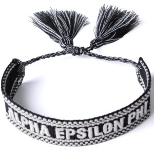 sorority shop alpha epsilon phi bracelet — woven bracelet, black and white design with aep sorority name and tassels, greek sorority jewelry and big little sorority gifts