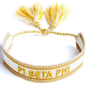 sorority shop pi beta phi bracelet — woven bracelet, white and gold design with pbp sorority name and tassels, greek sorority jewelry and big little sorority gifts