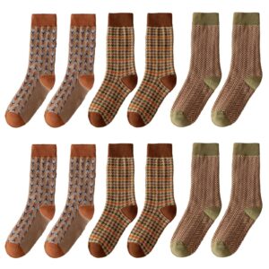 zinde 6 pairs soft cotton socks for women girls thick knit boots breathable cute vintage above ankle crew socks set (6 pairs-01)