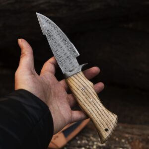 MJ Damascus Skinner knife, Survival Bushcraft knife, Ash wood Handle, Hunting outdoor camping knife, Full Tang Knife. Viking knife Gift for men.