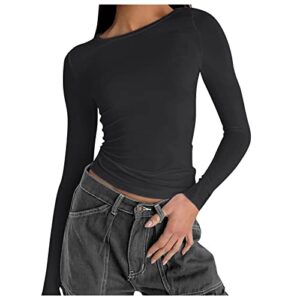 slimdupe women basic long sleeve t shirts crewneck slim fit solid pullovers tees athletic tight crop top for workout long sleeve workout sets for women crop tops long sleeve cropped top black