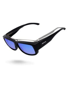 meeloog polarized fit over glasses sunglasses for men, rectangle wrap around sun glasses for driving riding fishing mst0006 (p1 black frame/blue mirrored lens)