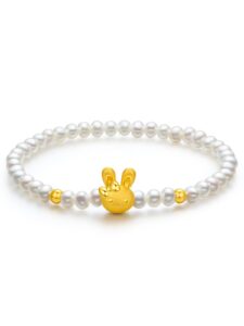 zhou liu fu 24k solid gold bracelets for women, stretchable real gold rabbit freshwater pearl bangle charm bracelets, pure gold white pearls bunny bracelet