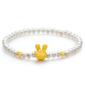 ZHOU LIU FU 24K Solid Gold Bracelets for Women, Stretchable Real Gold Rabbit Freshwater Pearl Bangle Charm Bracelets, Pure Gold White Pearls Bunny Bracelet